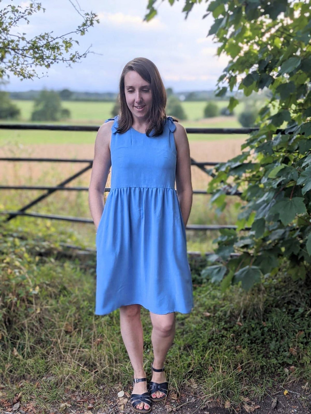 Pretty Blue Floaty Gathered Waist Smock Dress With Tie Shoulders and ...