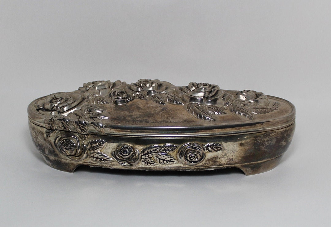 Very Heavy Casted Metal, Double Hinged Jewelry Box W/rich Red Velvet ...