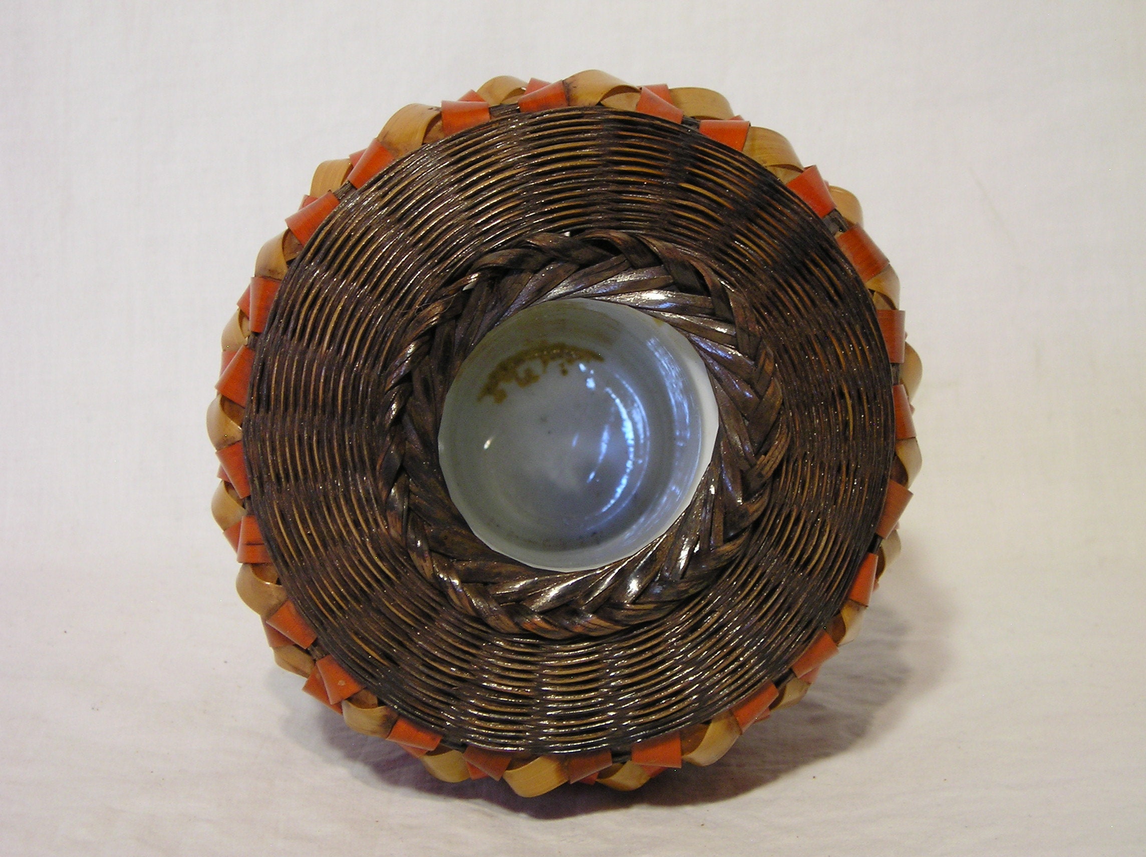 Attractive Interwoven Multi-colored Reed Basket W/inner Porcelain Bud ...