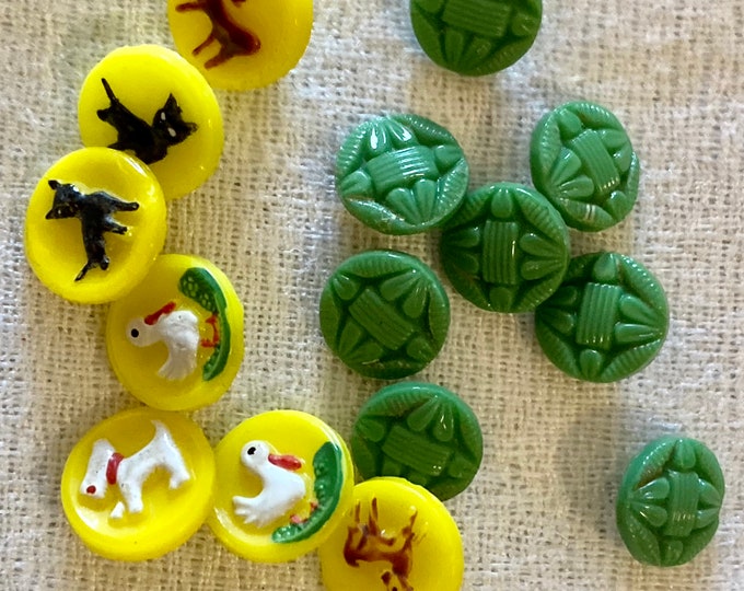 2 Sets of 1950s Small Glass Buttons. Green Pattern and Children's ...