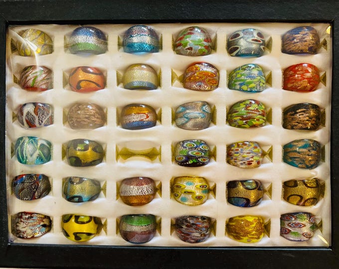 New Old Stock. 35 Murano Glass Rings in Various Sizes. in Original Box ...