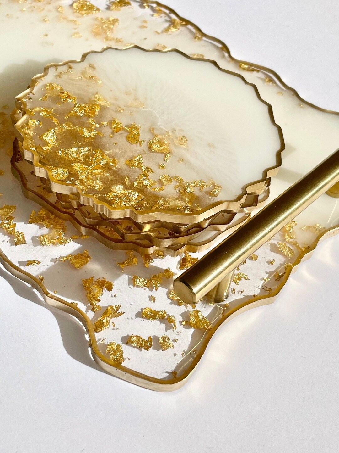 5 Piece SET: 18k Gold & White Handmade Epoxy Resin Charcuterie Tray ...