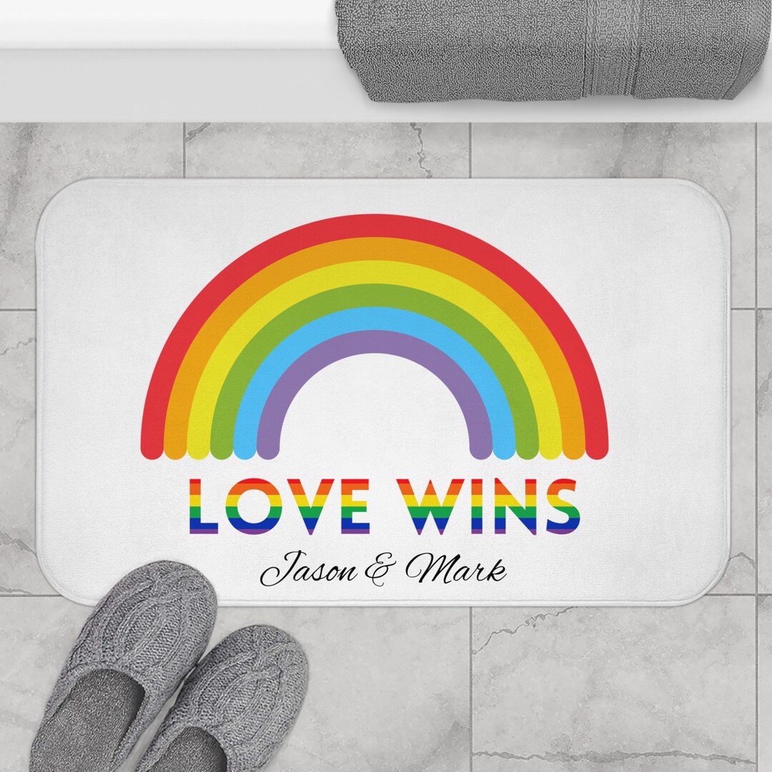 Personalized Love Wins Rainbow LGBTQ Bath Mat, Home Decor Gift for Gay ...