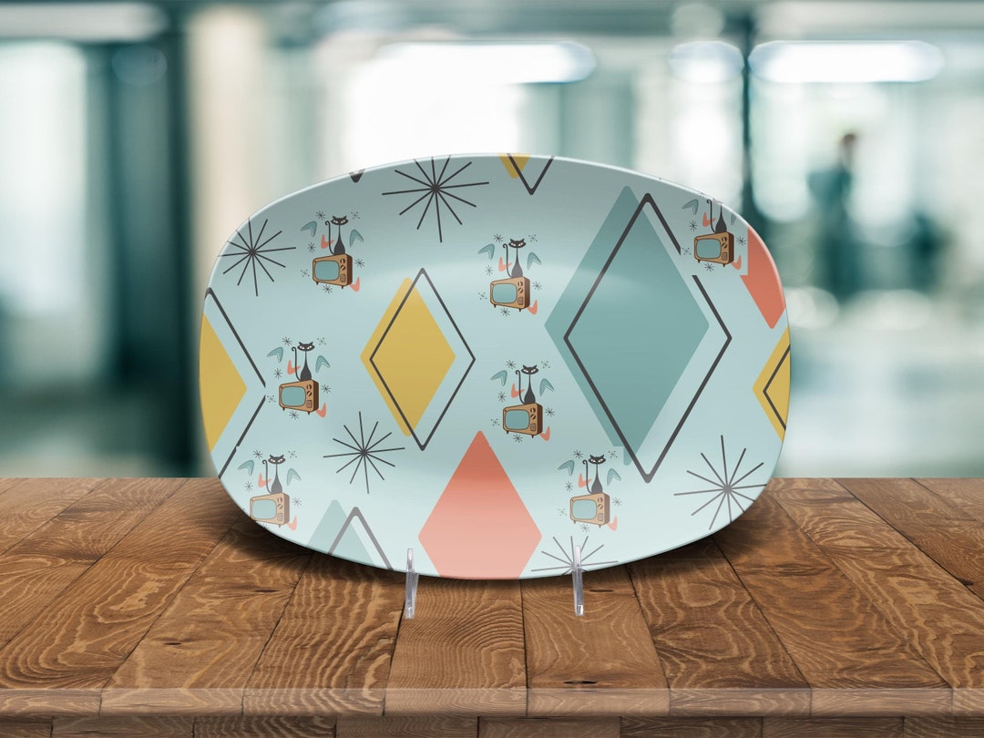 Retro Atomic Cat Decor, Mid Century Modern Teal Plates, Starburst ...