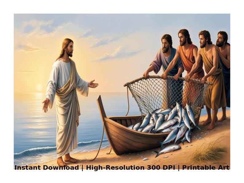 Jesus and the Miraculous Catch of Fish - Printable Bible Art, Christian ...