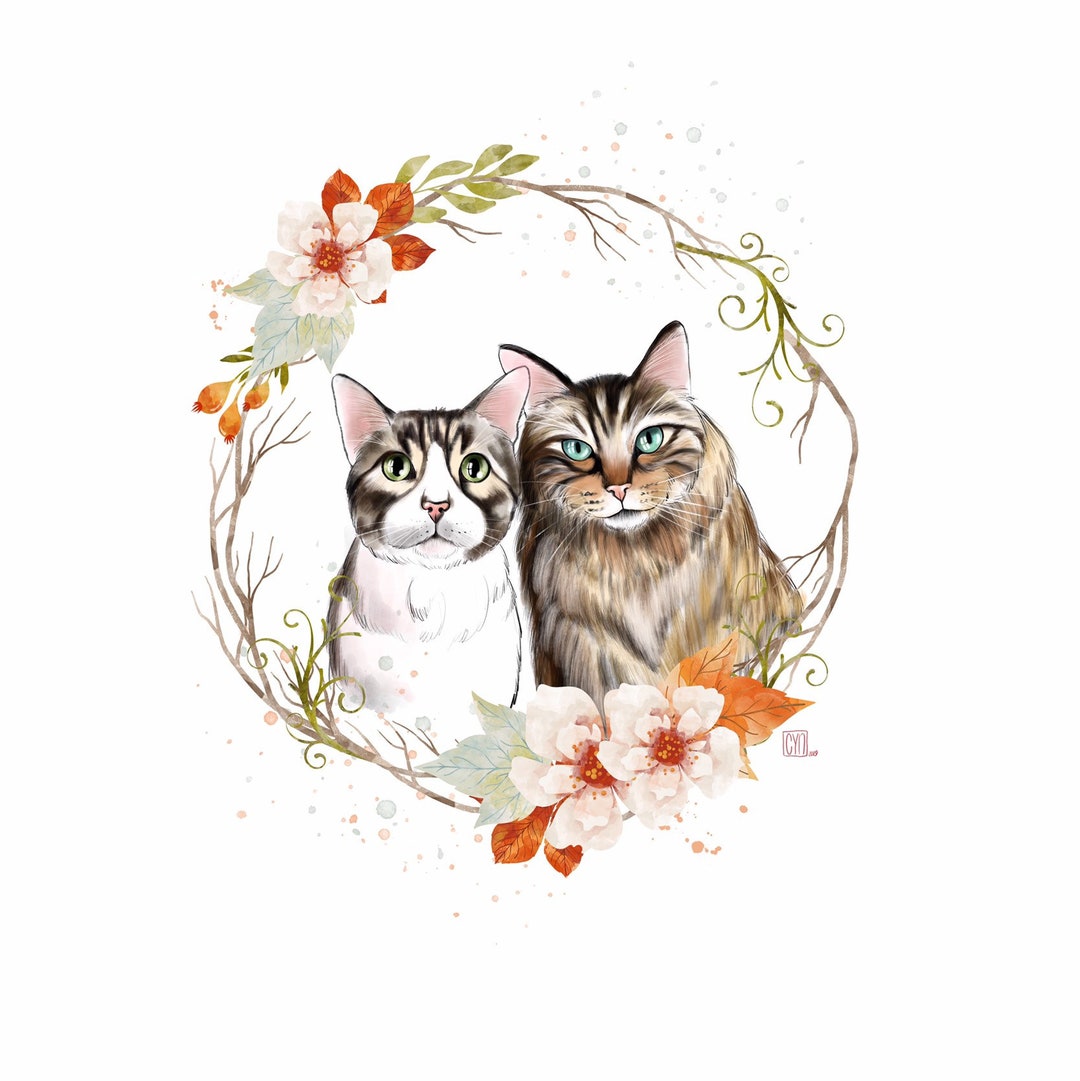 Two Cats Portrait Couple Cats Custom Portrait Pet Portrait - Etsy