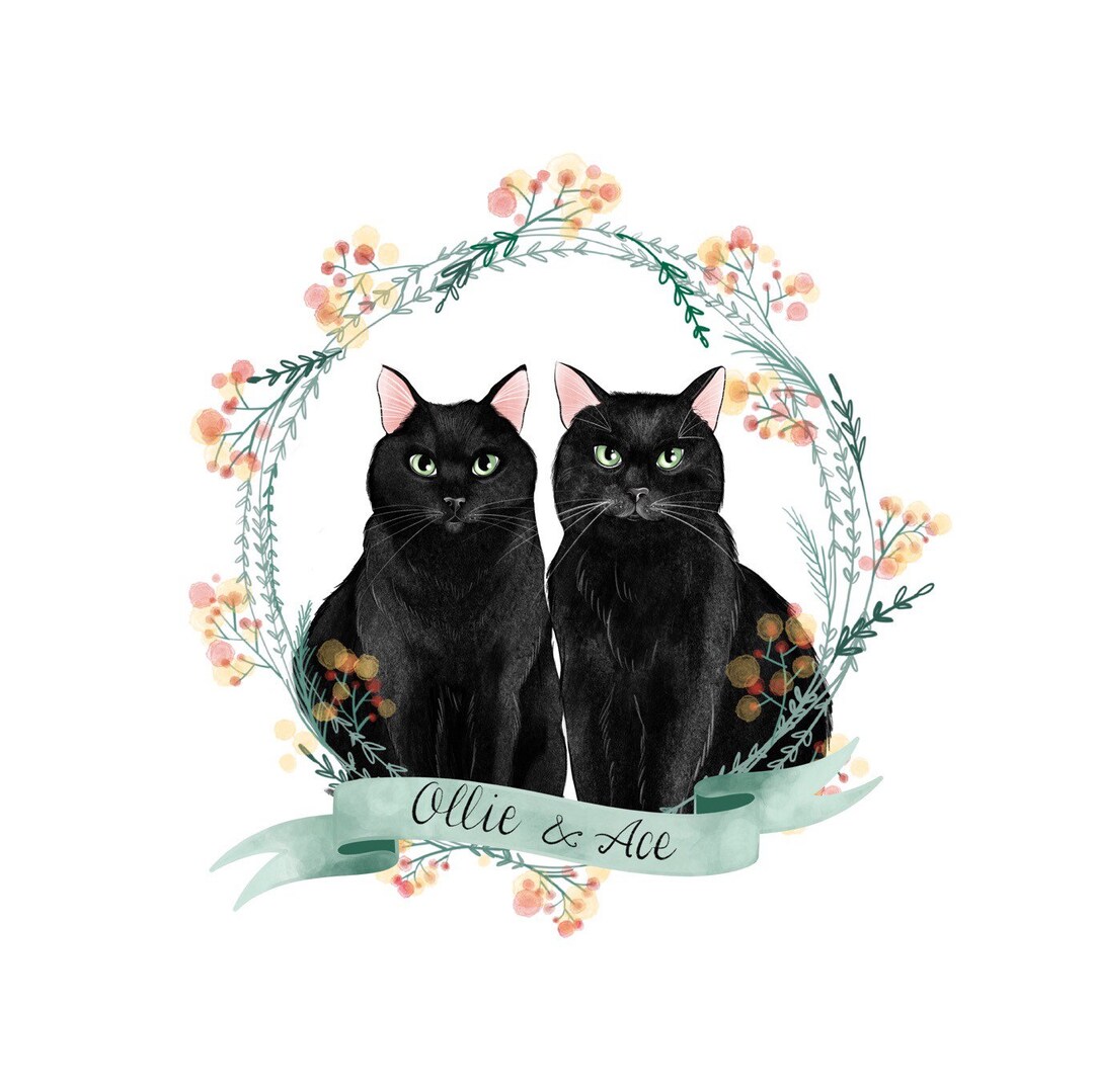 Two Pets Custom Portrait Pet Portrait Cat Portrait Cat - Etsy