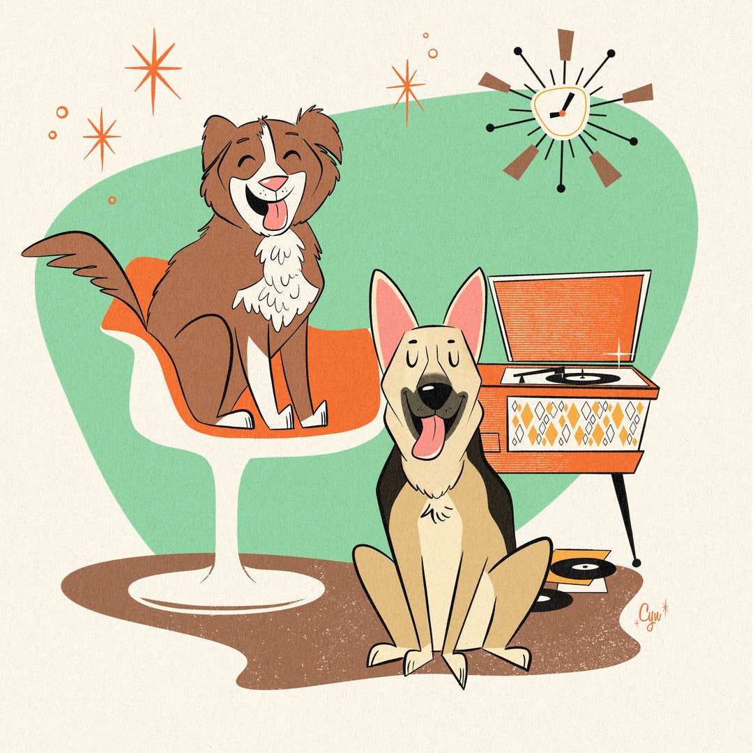 2 PETS Retro Portrait; Dog or Cat Cartoon; Midcentury Modern; Pet ...