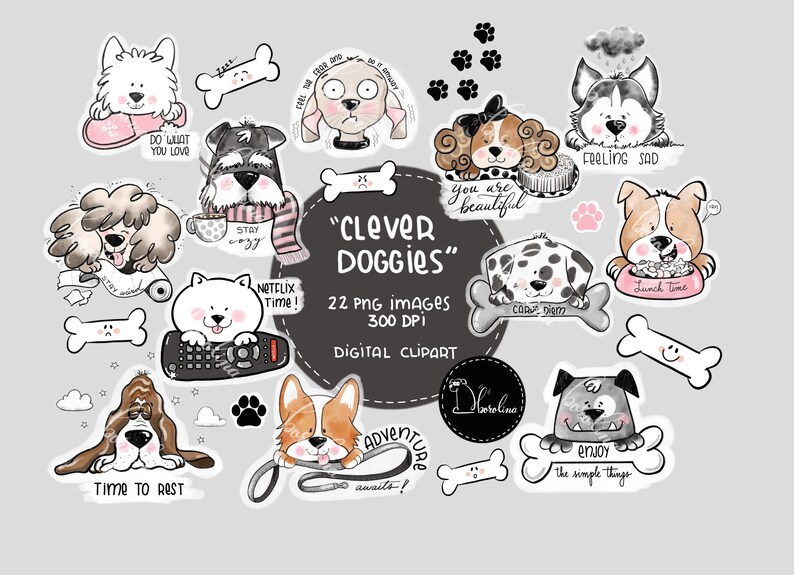 Digital Clipart Dogs Clipart Dog Stickers Cute Dogs Clever - Etsy