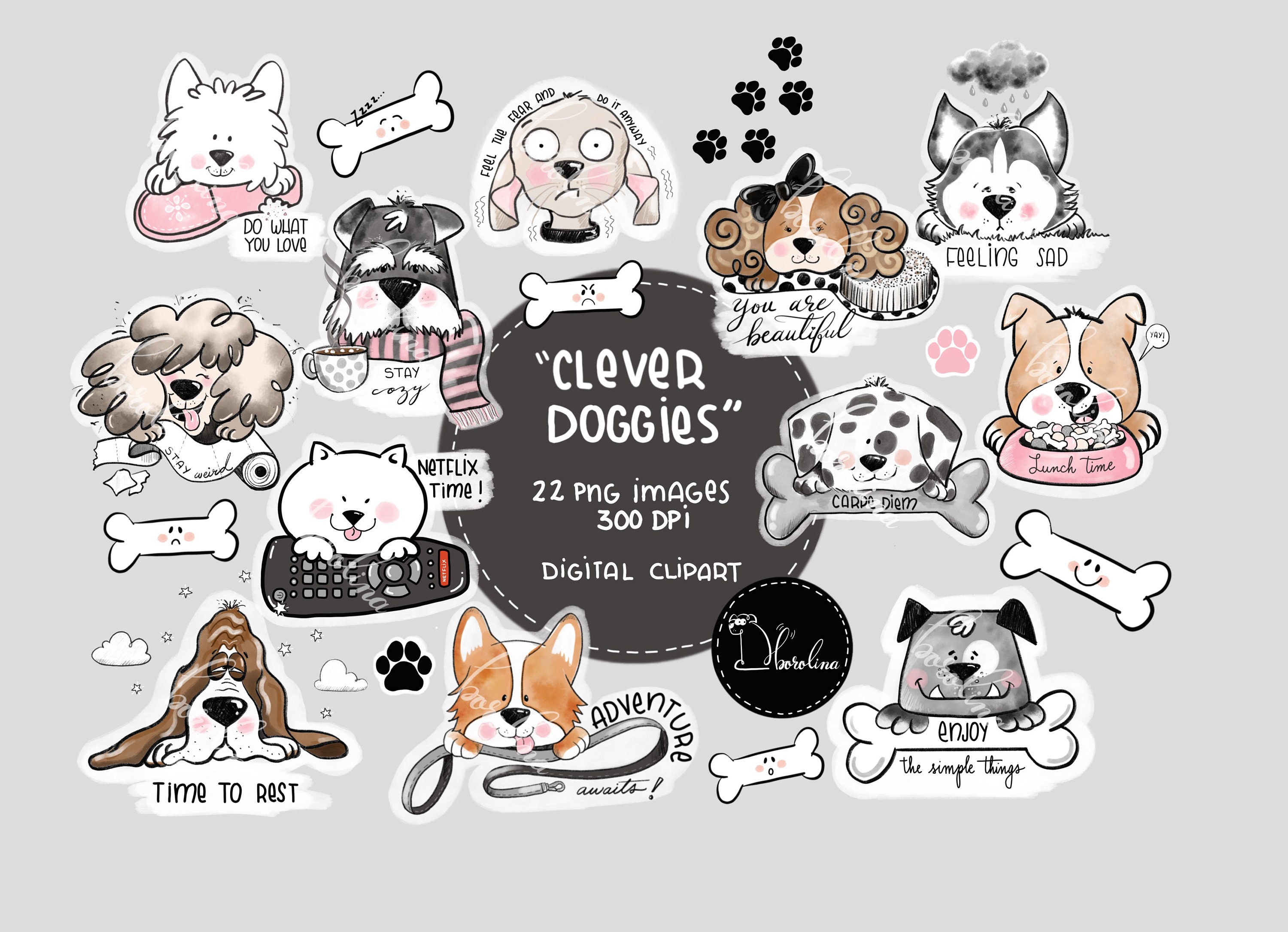 Digital Clipart Dogs Clipart Dog Stickers Cute Dogs Clever - Etsy