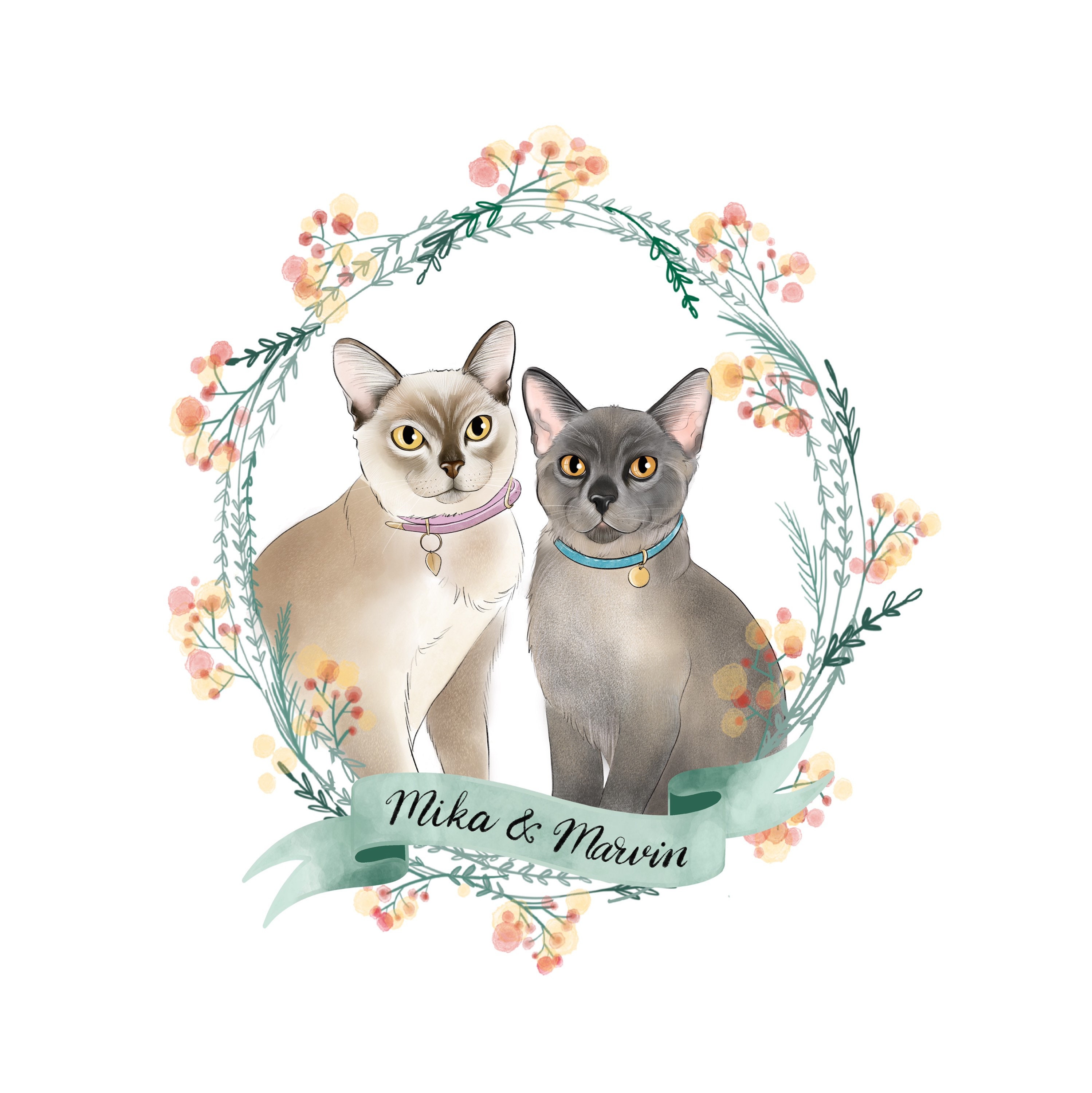 Two Cats Portrait Couple Cats Custom Portrait Pet Portrait - Etsy