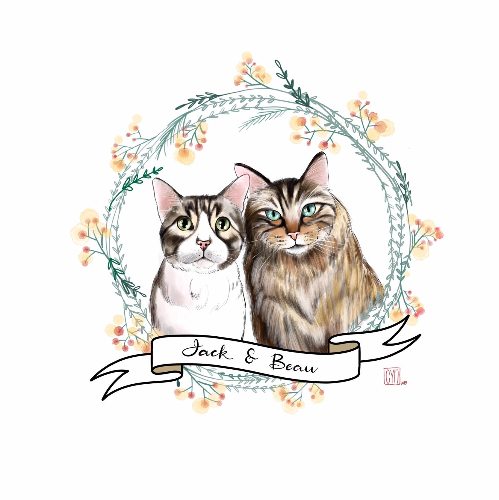 Two Cats Portrait Couple Cats Custom Portrait Pet Portrait - Etsy
