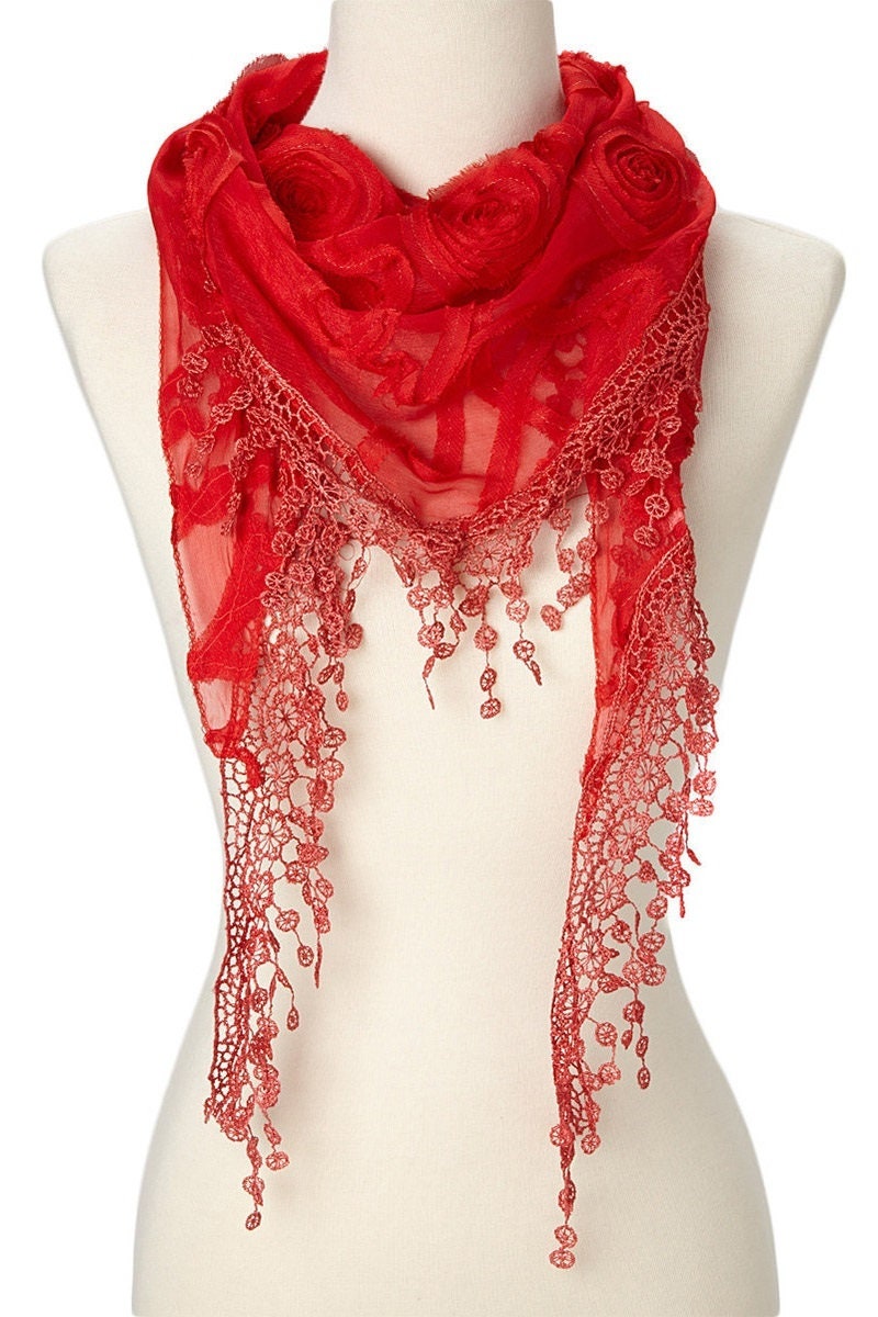 Women Lightweight Flower Lace Silk Scarf Knit Cotton Fringe Scarf for ...