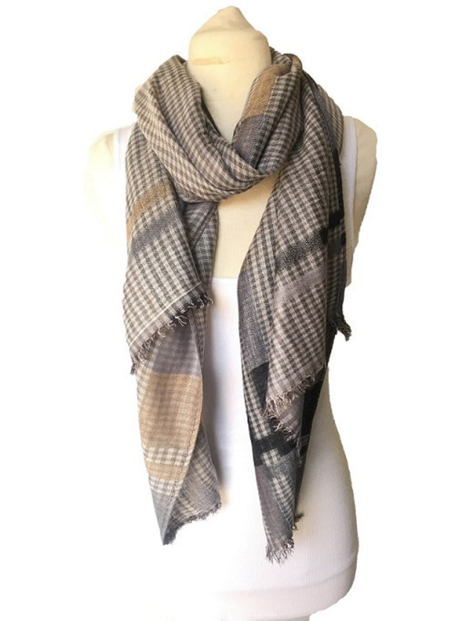 Plaid Patchwork & Gingham Block Raw Edge Light Weight Scarf, Reversible ...
