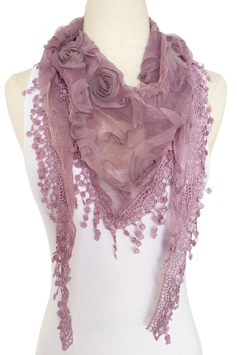 Women Lightweight Flower Lace Silk Scarf Knit Cotton Fringe Scarf for ...