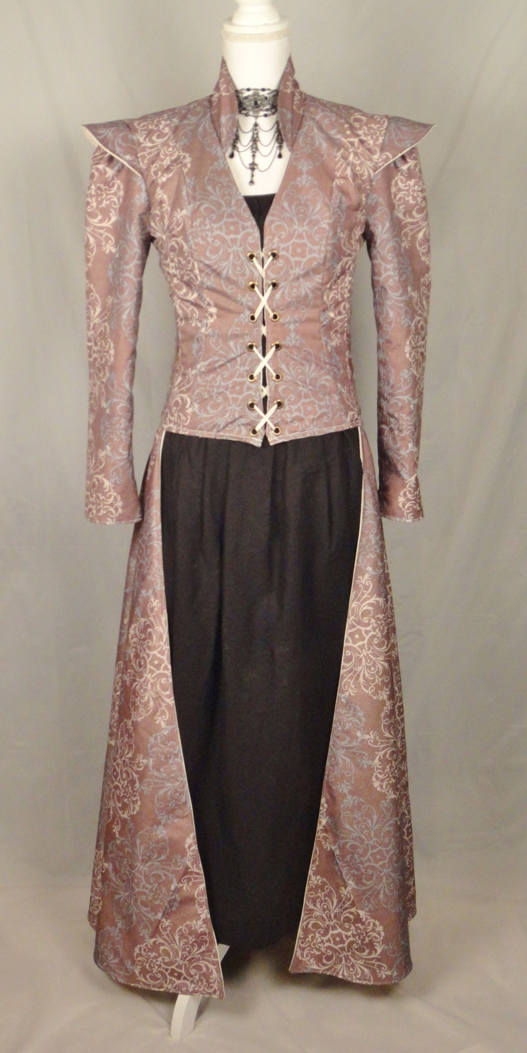 Women's Charcoal Grey Damask Long, Fitted Edwardian Overcoat; Medieval ...