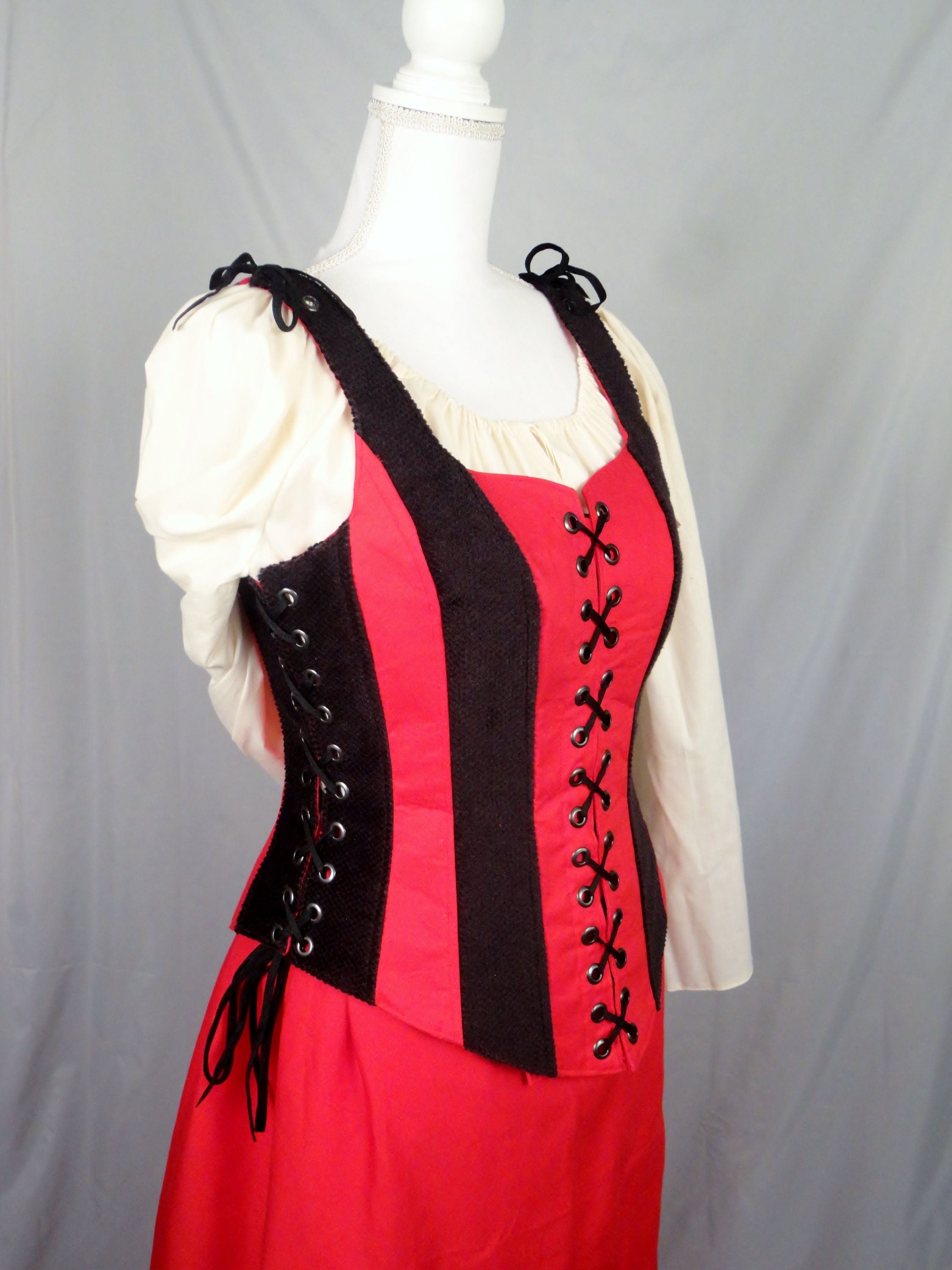 Renaissance 3 Piece Black and Red Pirate Bodice Corset Costume | Etsy