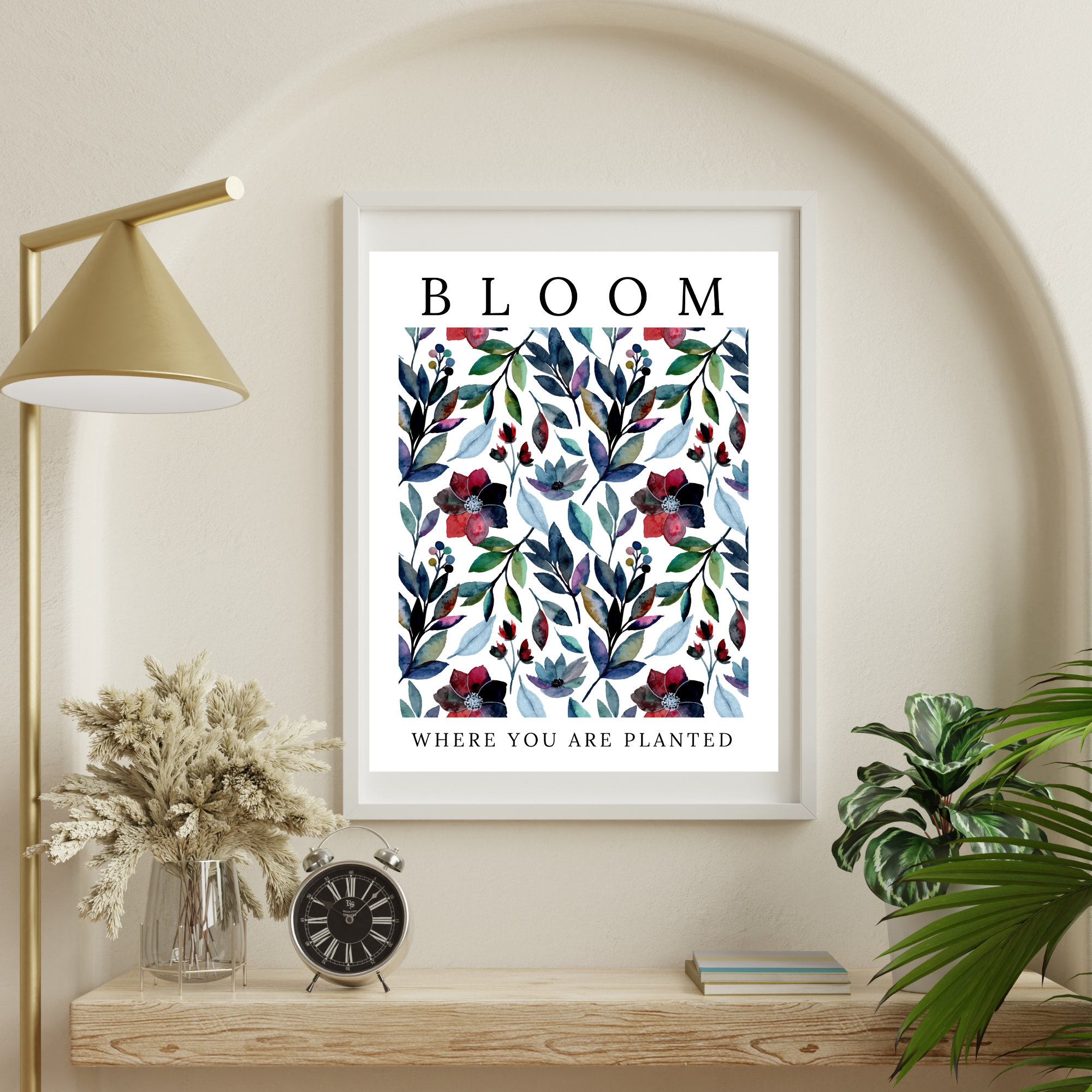 Bloom Where You Are Planted Quote Art Print, Floral Art Print, Blue and ...
