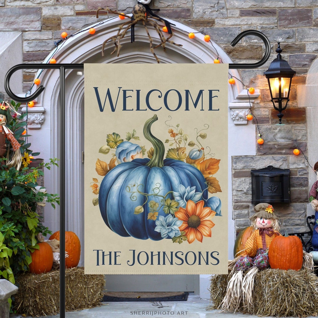 Personalized Fall Welcome Flag: Blue Pumpkin Floral Decor - Etsy