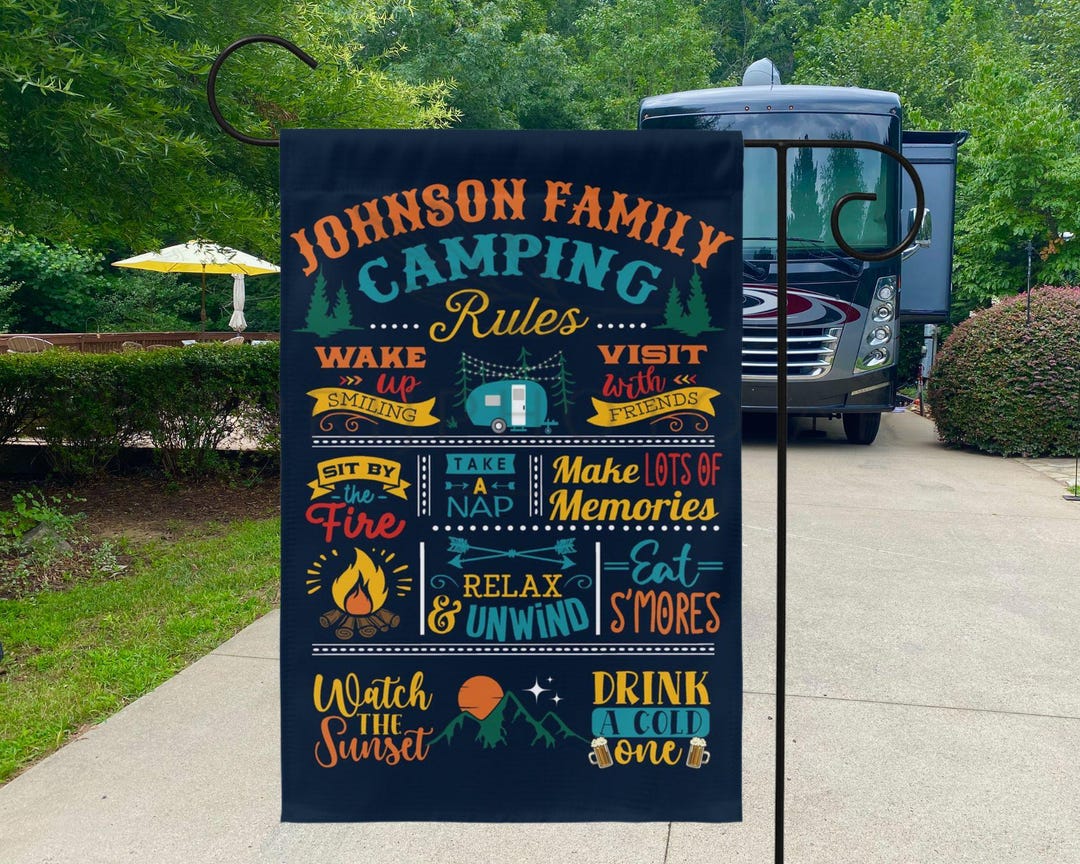 Personalized Camping Flag, Camper Decor, Camping Rules, Custom Campsite ...