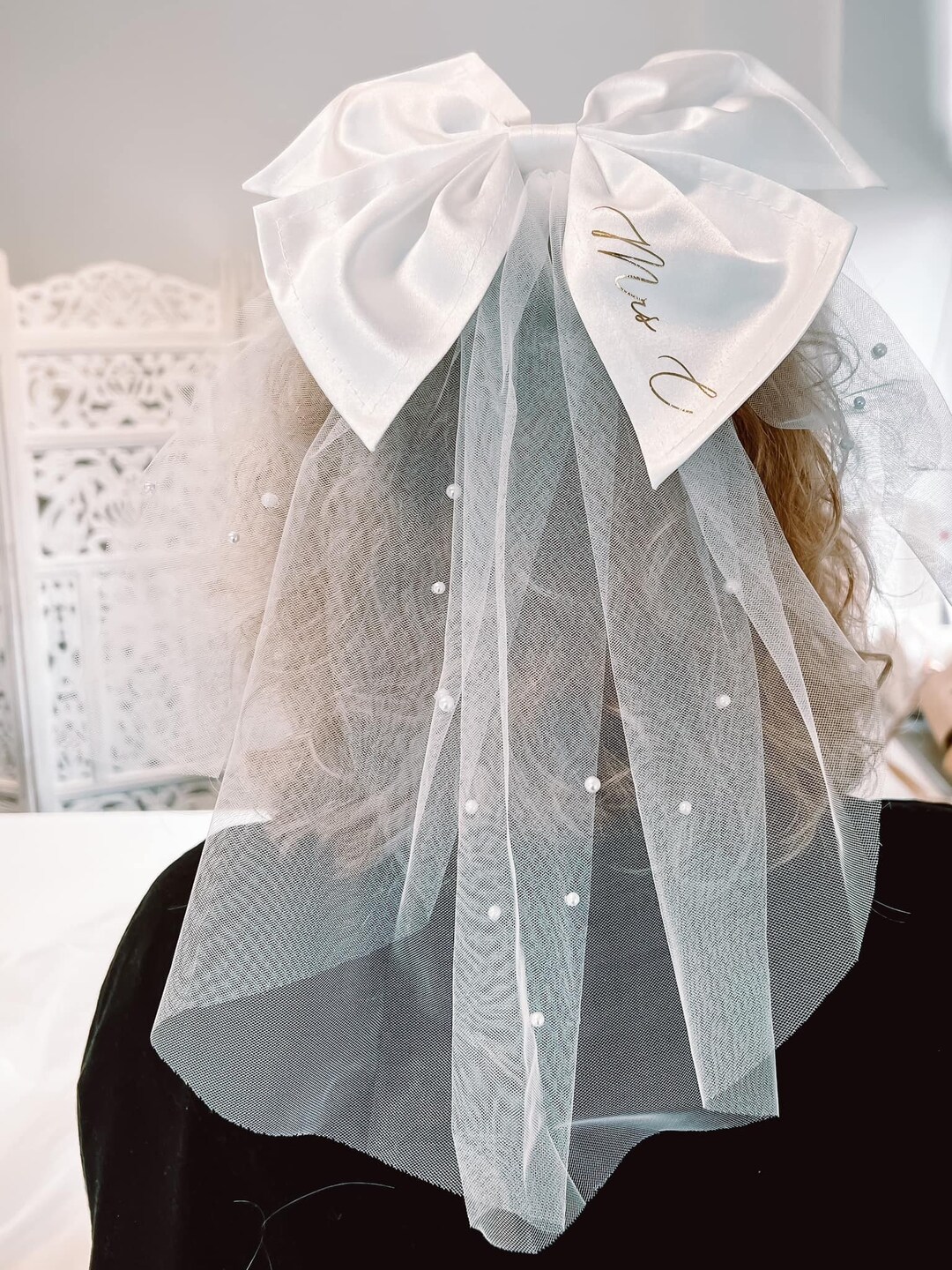 Personalised Bow Pearl Veil Hen Party Veil Future Mrs Veil Bachelorette ...