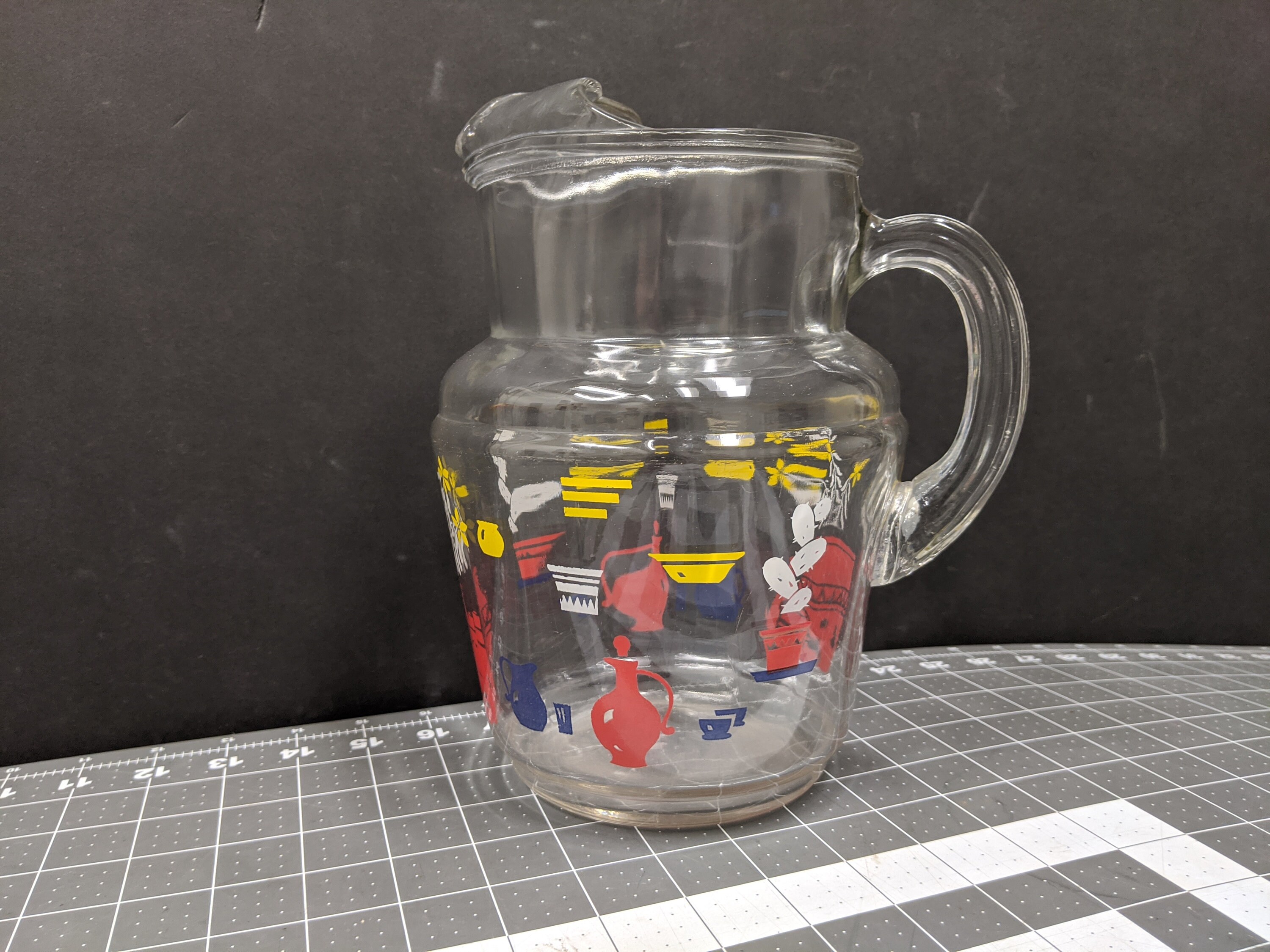 Vintage Cacti Floral Pattern Retro Yellow Blue Red White Libbey Pitcher ...
