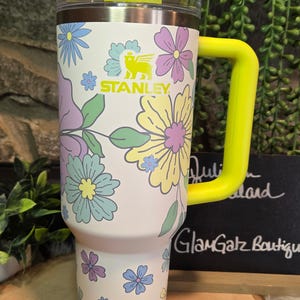 Customized Stanley Tumbler 40 Oz White & Electric Yellow Floral Design ...