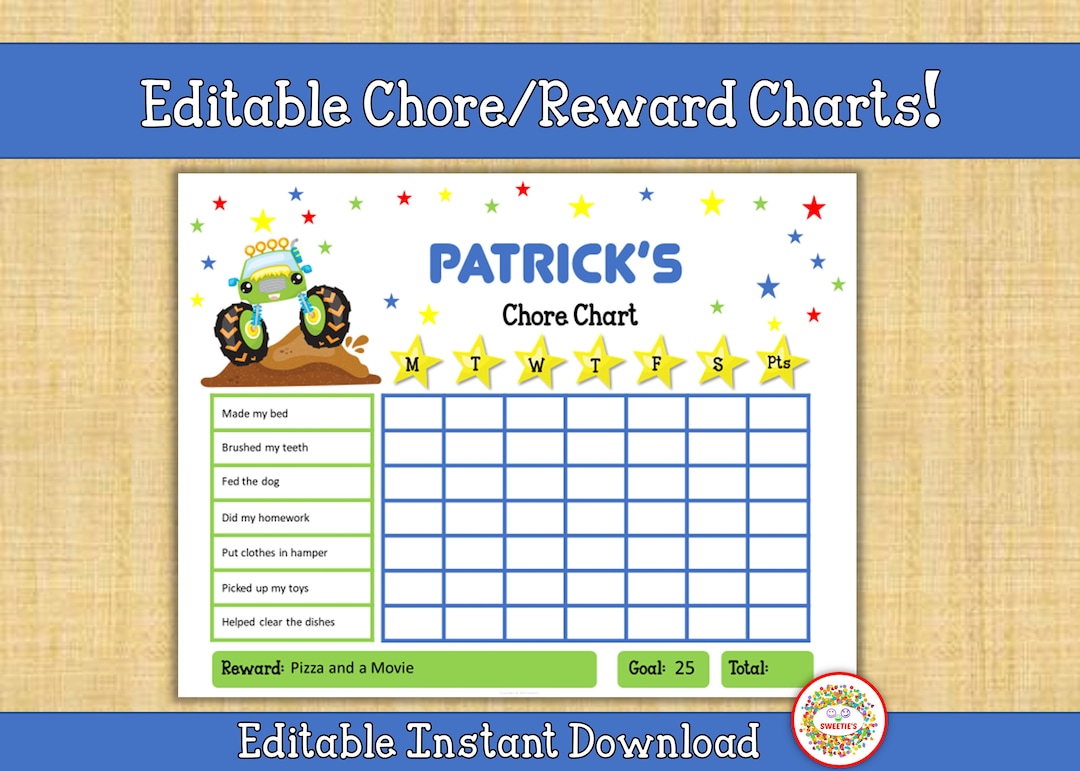 Monster Truck Chore Chart: Editable Kids Reward Chart (PDF) - Etsy