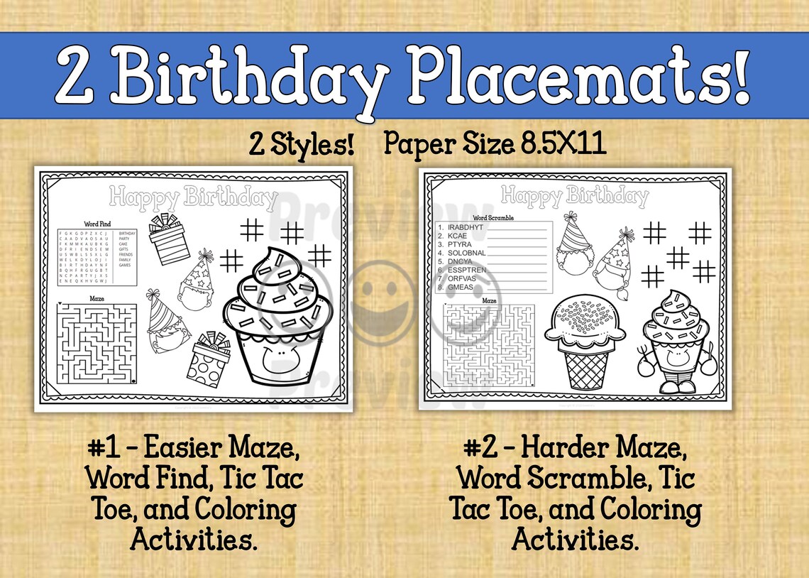 Birthday Placemat, Birthday Coloring Sheet, Birthday Party Printable ...