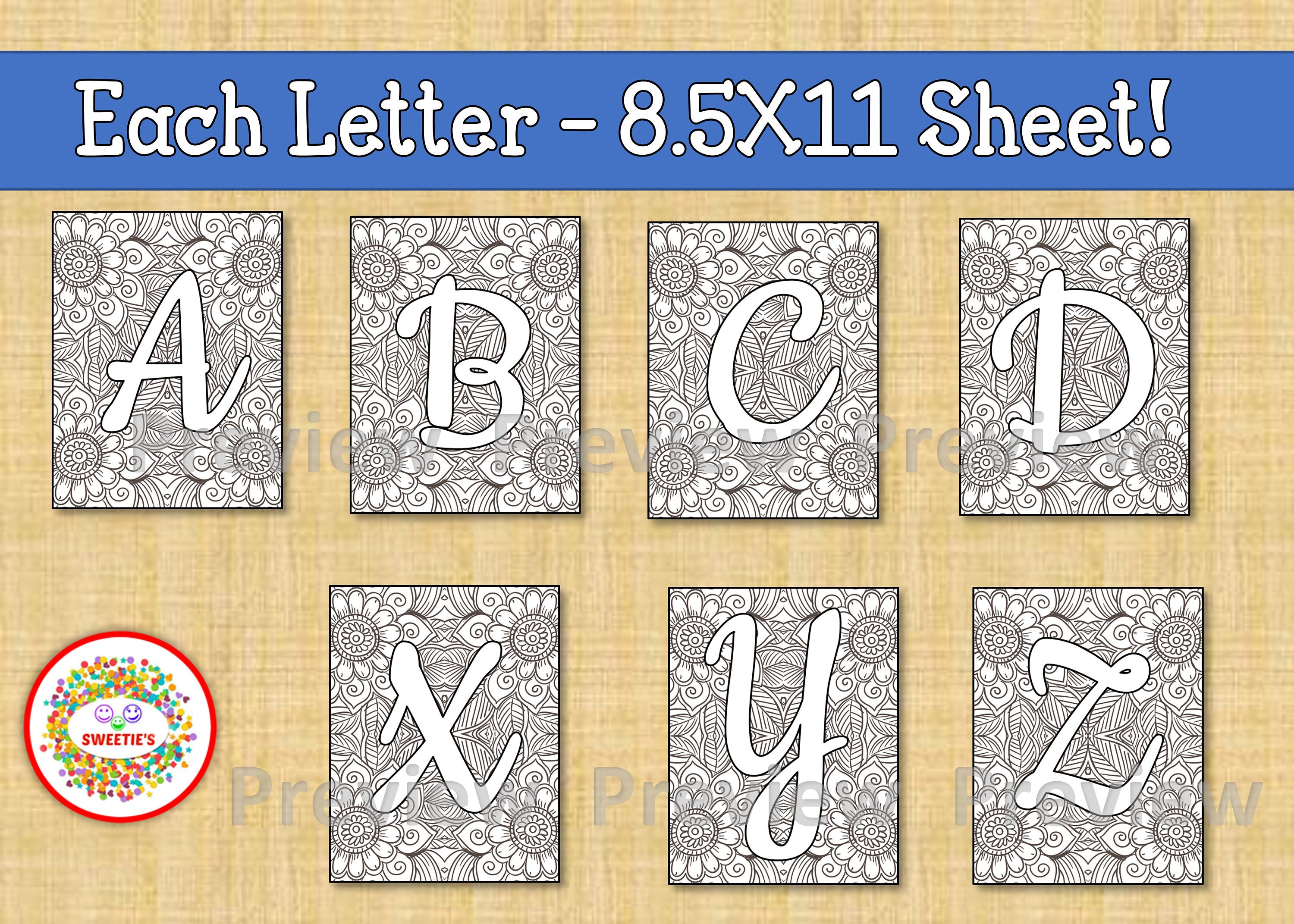 Mandala Alphabet Coloring Pages, Adult Coloring A-Z, Alphabet Wall Art ...