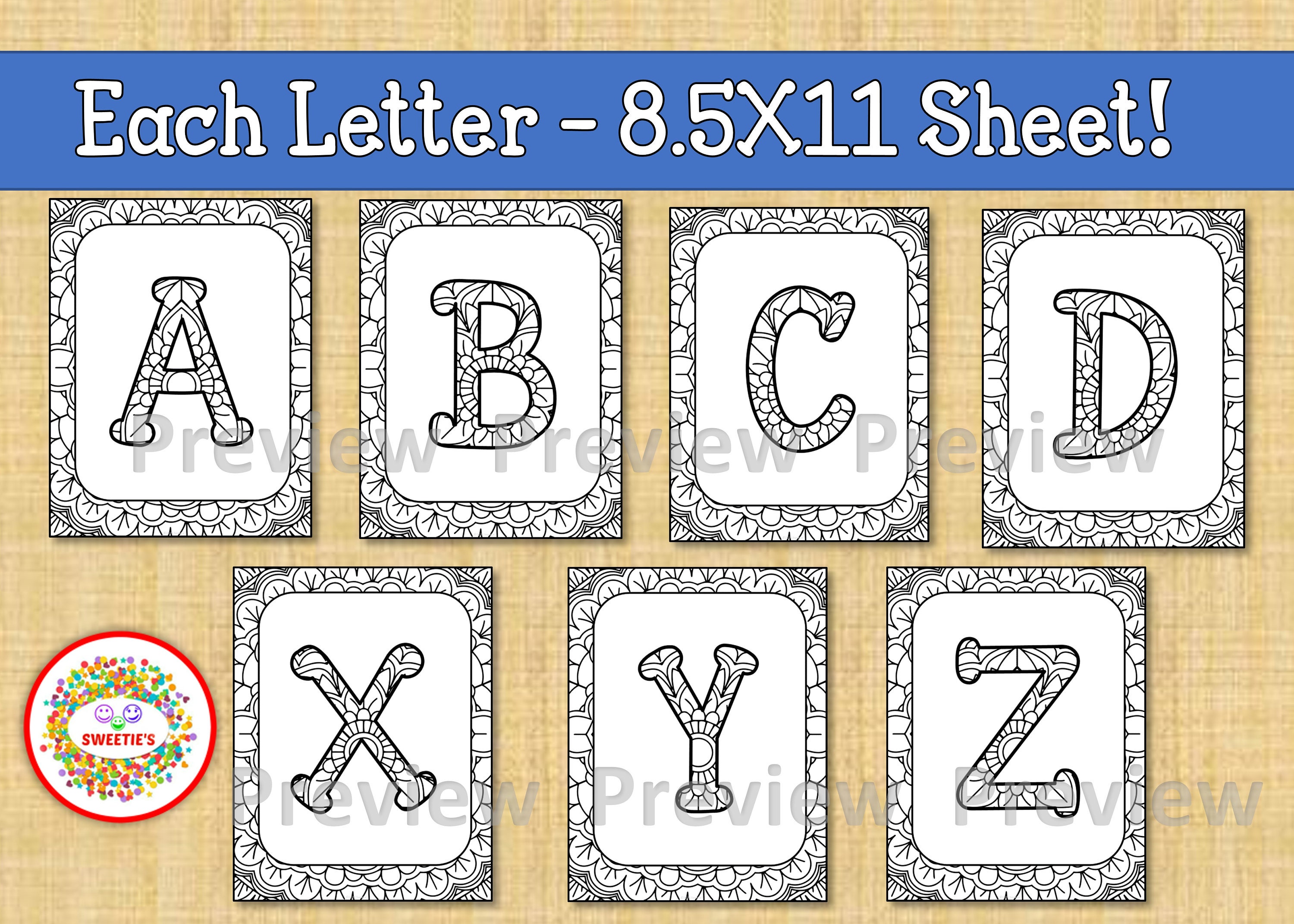 Mandala Alphabet Coloring Pages, Adult Coloring A-Z, Alphabet Wall Art ...