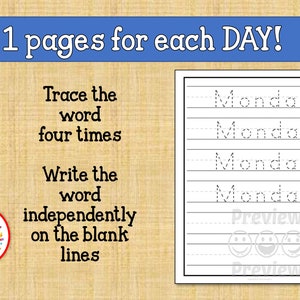 Tracing Worksheets, Days of the Week, Months of the Year, Printable ...