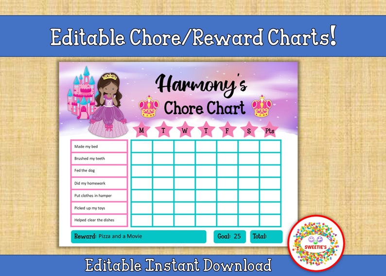 Princess Chore Chart: Editable Kids Reward Chart (printable) - Etsy