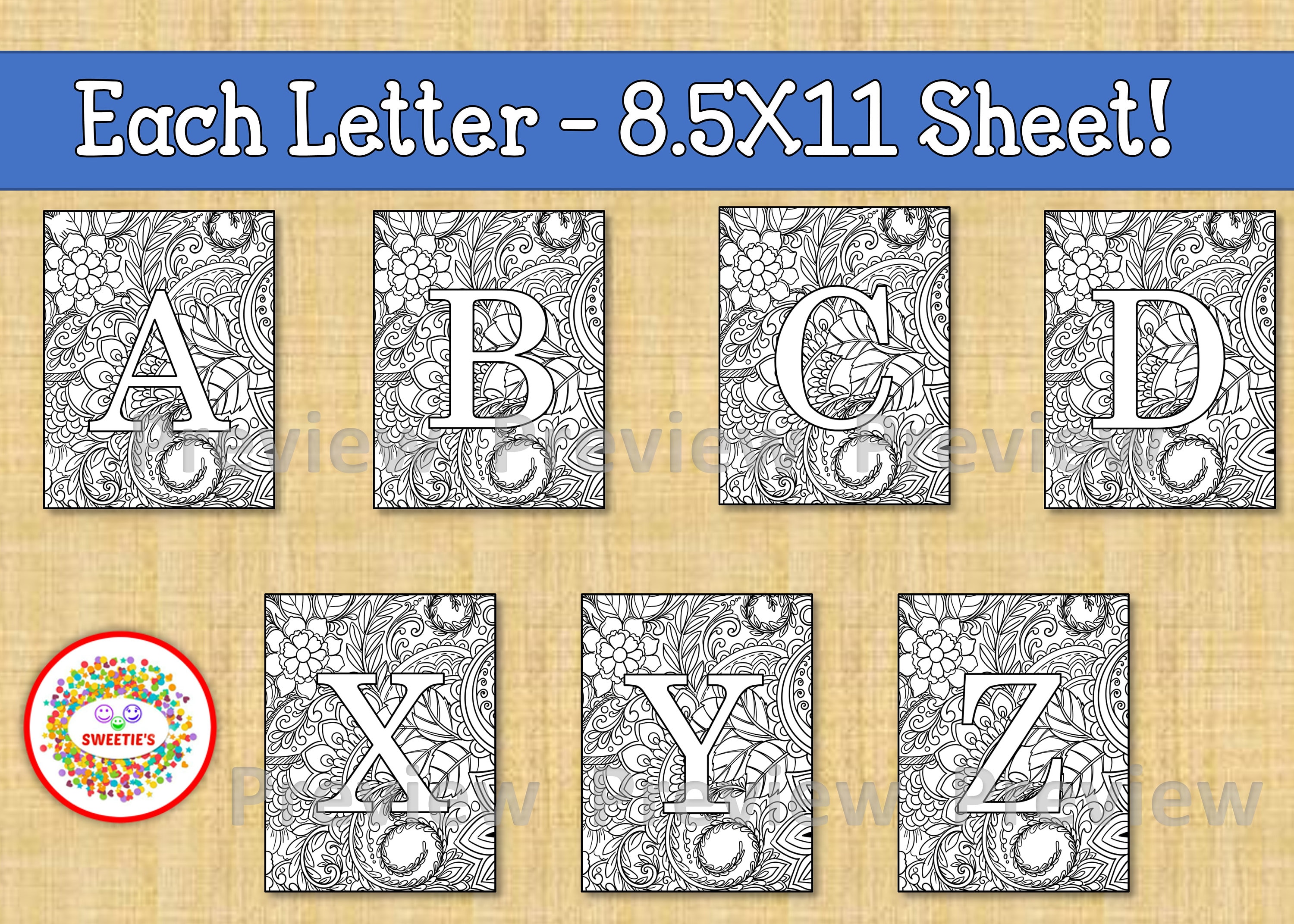 Mandala Alphabet Coloring Pages, Adult Coloring A-Z, Alphabet Wall Art ...