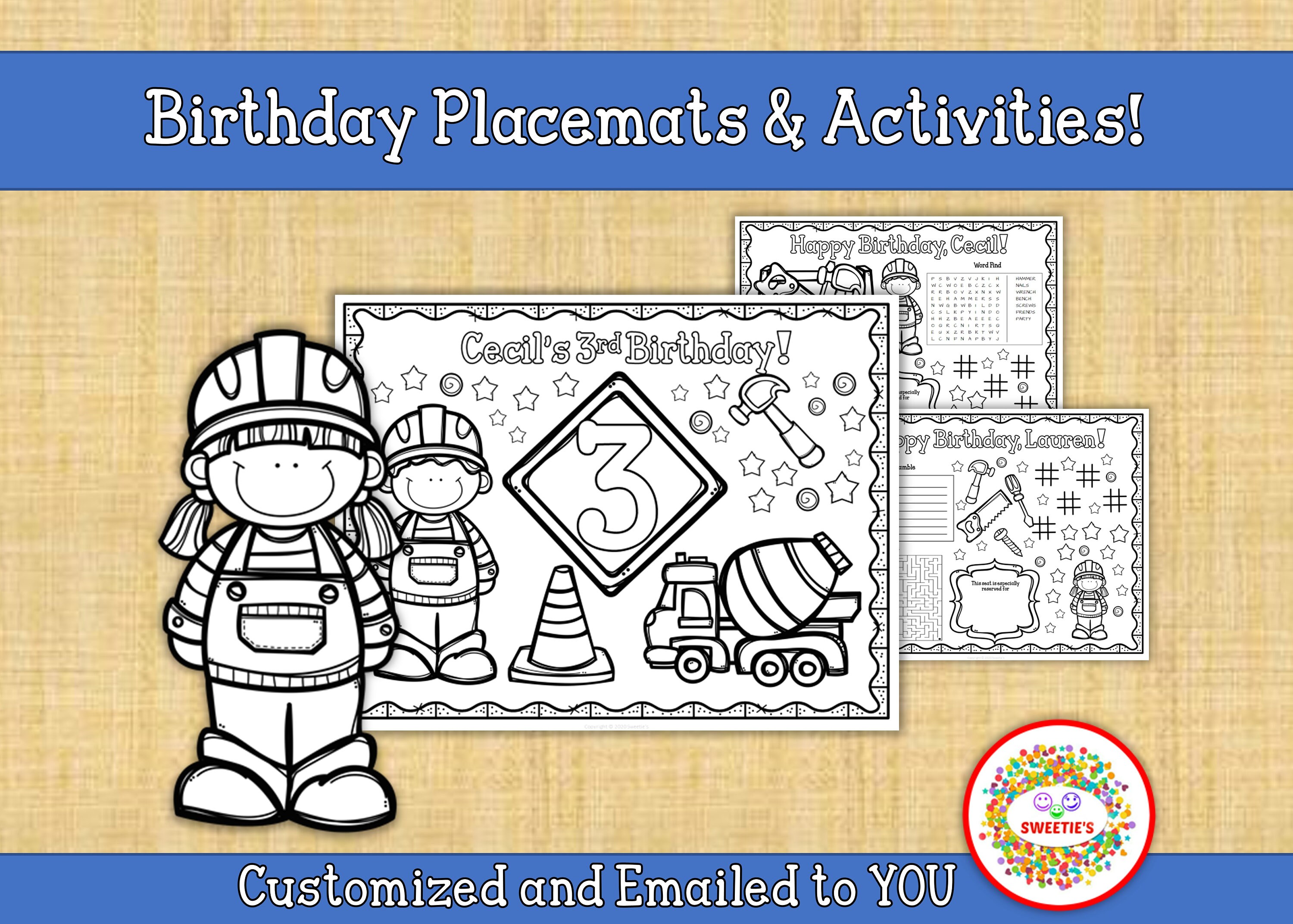 Personalized Birthday Placemat, Construction Worker Birthday Party ...