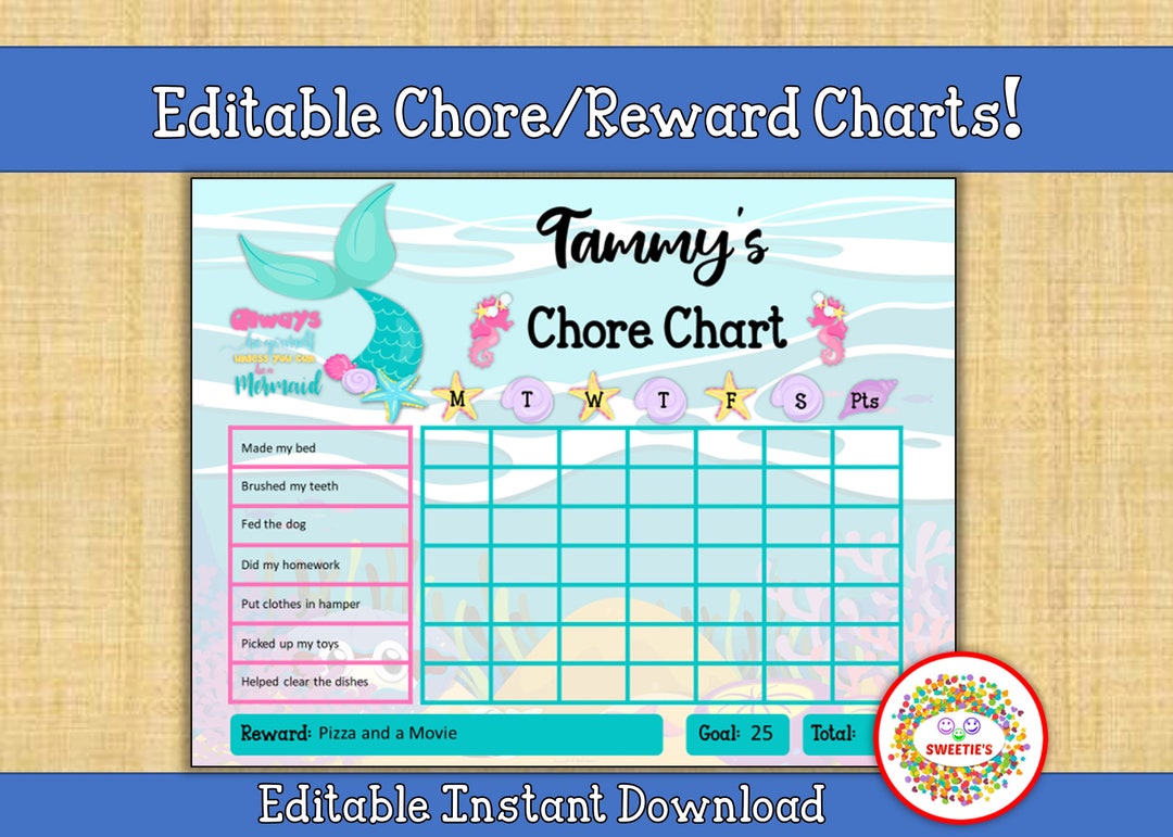 Mermaid Chore Chart: Editable Kids Reward Chart (printable) - Etsy