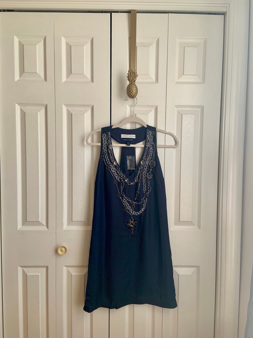 Andrea Behar Boston Proper Vintage Y2K Beaded Navy Blue Shift T Back ...