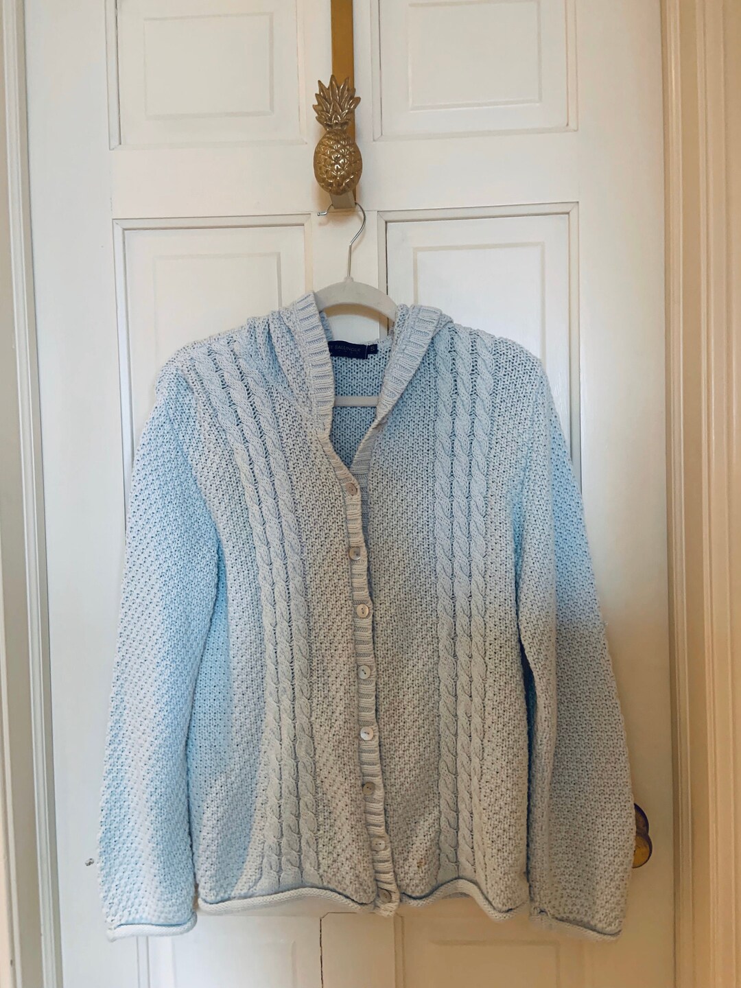 Babette Ballinger New York Vintage Light Blue Button up Hooded Cable ...