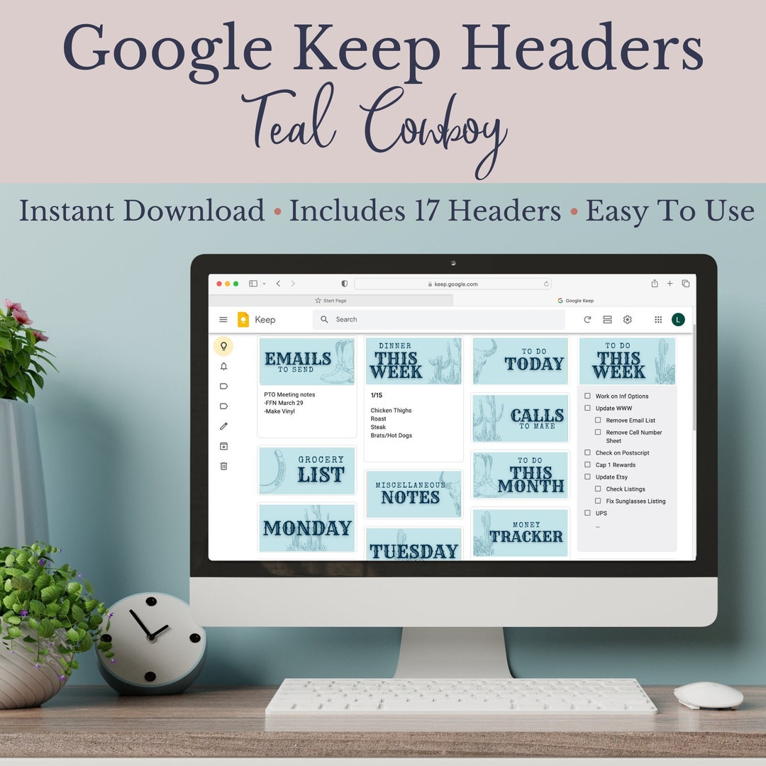 Teal Cowboy Google Keep Header Digital File | Cute Google Keep Template ...