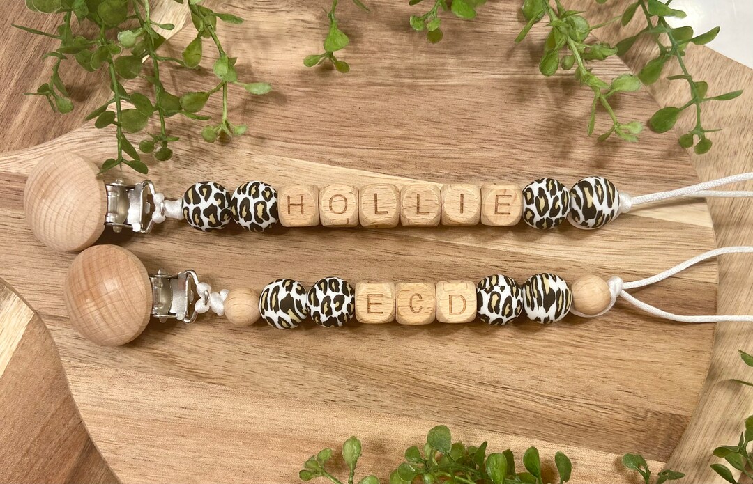 Personalized Paci Clip, Silicone, Leopard, Cheetah, Wooden Letters ...