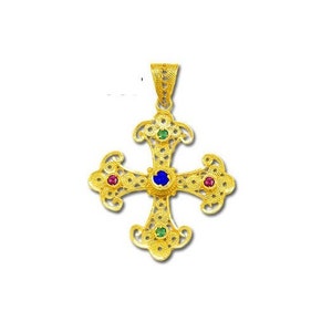 18K Solid Gold Filigree Cross With Gemstones, Byzantine Cross, Emeralds ...