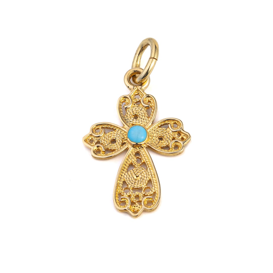 18k Gold Filigree Byzantine Cross With Turquoise Enamel, Filigree Cross ...