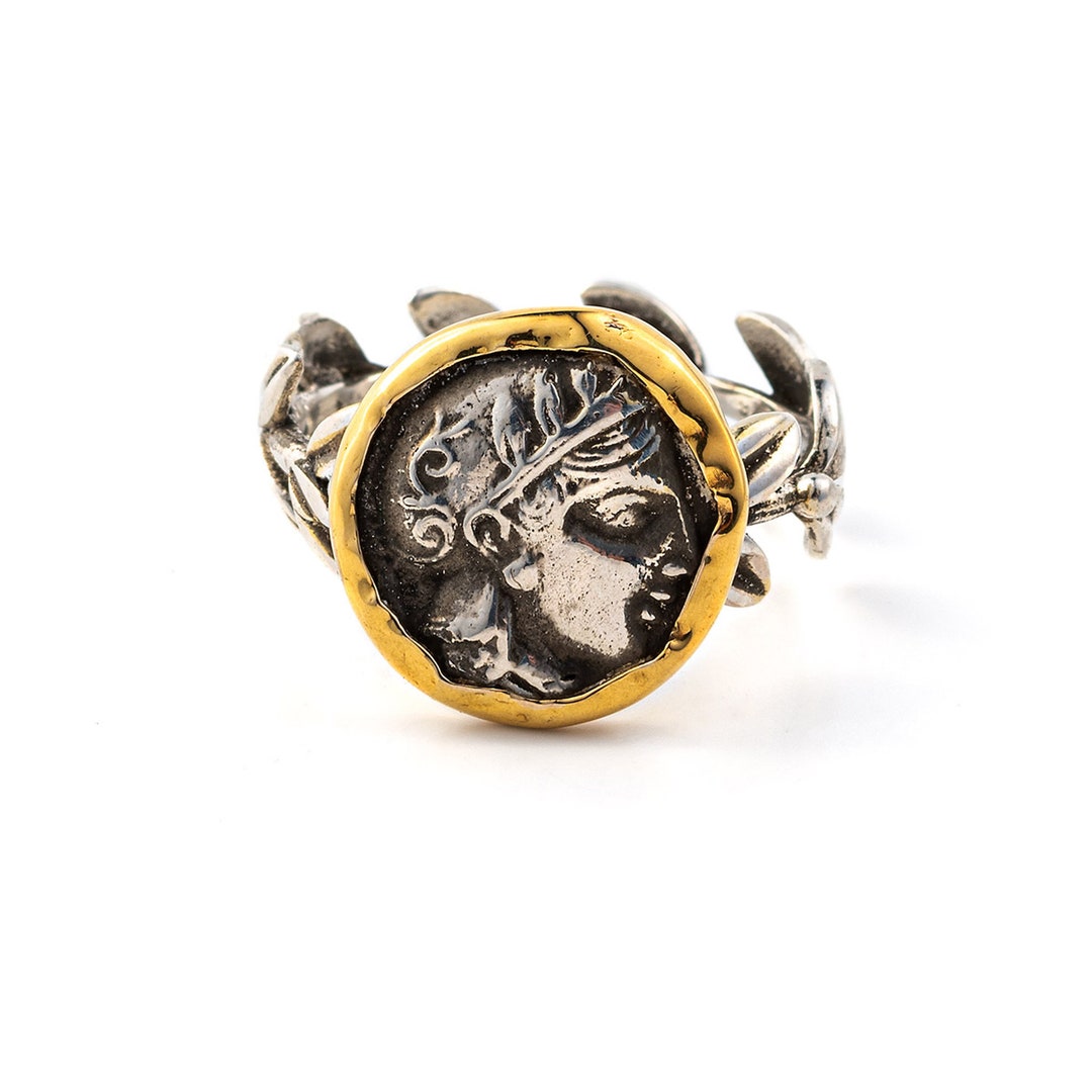 Greek Goddess Athena Coin Ring 14K Gold and Sterling Silver, Athena ...