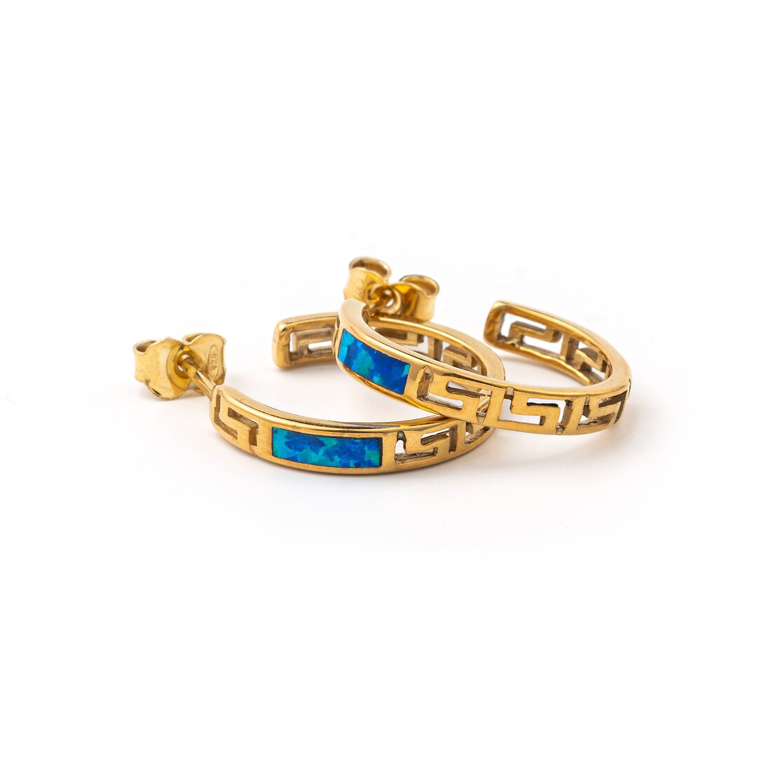Greek Key Blue Opal Earrings in Sterling Silver Meander Earrings Opal ...