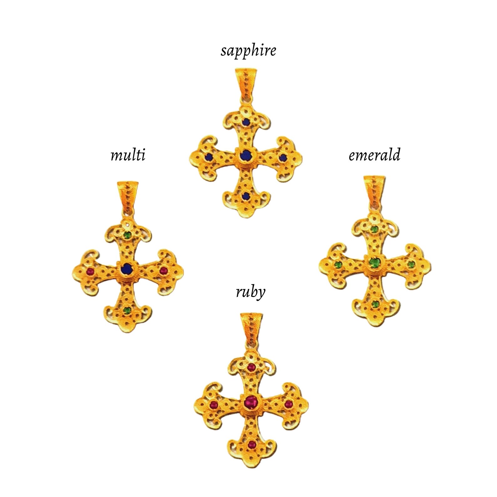 18K Solid Gold Filigree Cross With Gemstones, Byzantine Cross, Emeralds ...