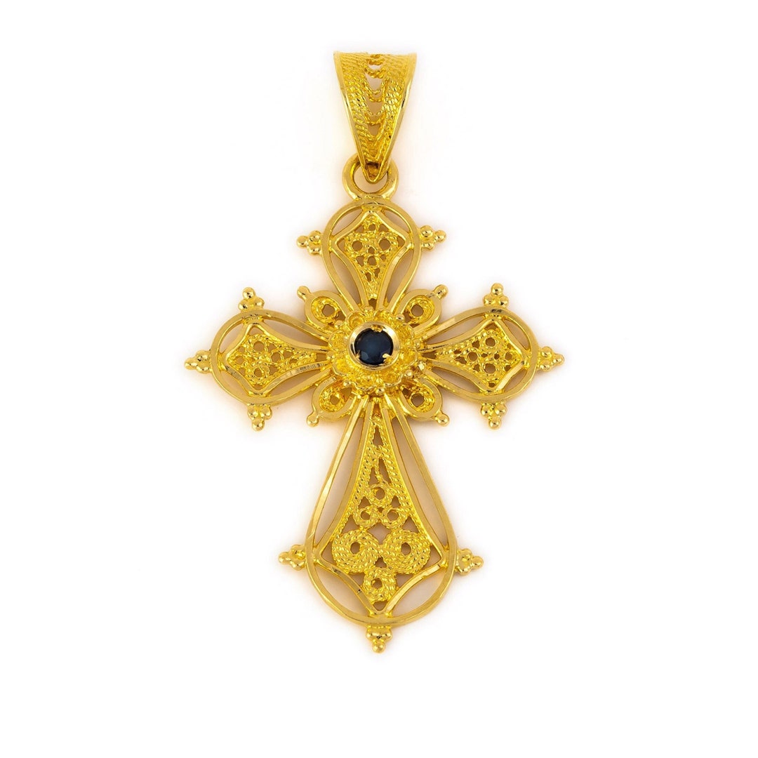 Filigree Sapphire Cross in 18K Gold, Byzantine Cross, Filigree Cross ...