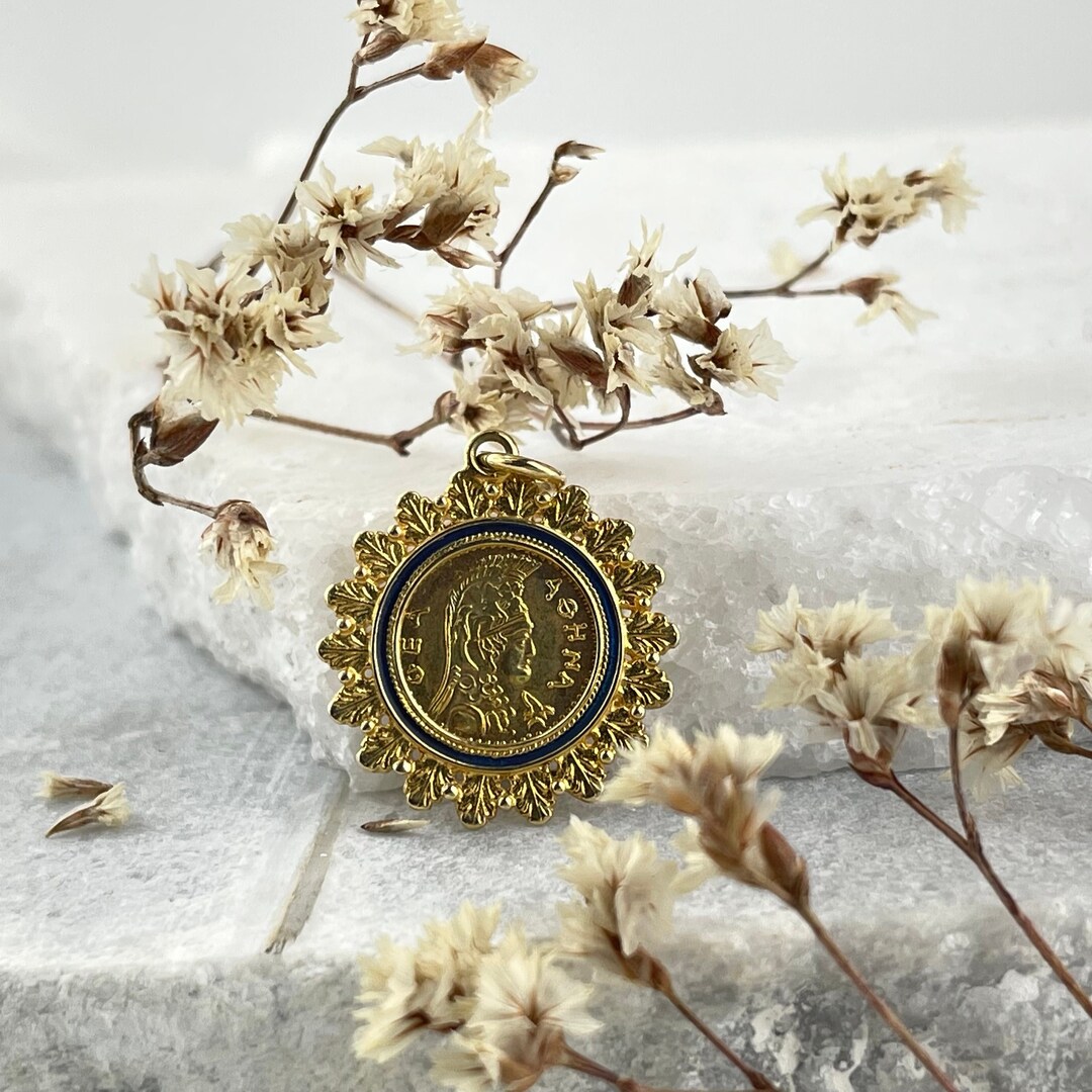14K Solid Gold Goddess Athena Coin Pendant, Athena Pendant Ancient ...