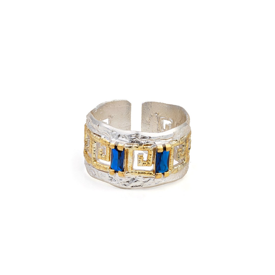 Greek Key Crystal Silver Ring, Meander Jewelry, Greek Ring, Blue Stone ...
