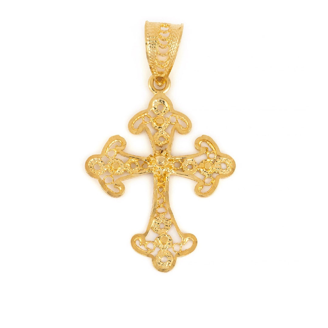 Byzantine Cross Pendant, 14K Solid Gold Cross, Filigree Cross, Orthodox ...