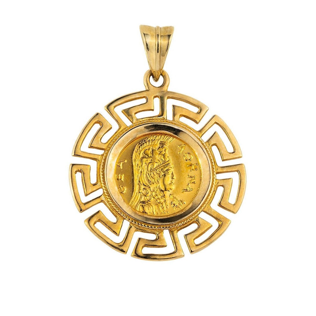 Athena Pendant 14k Solid Gold Greek Goddess Meander Pendant - Etsy